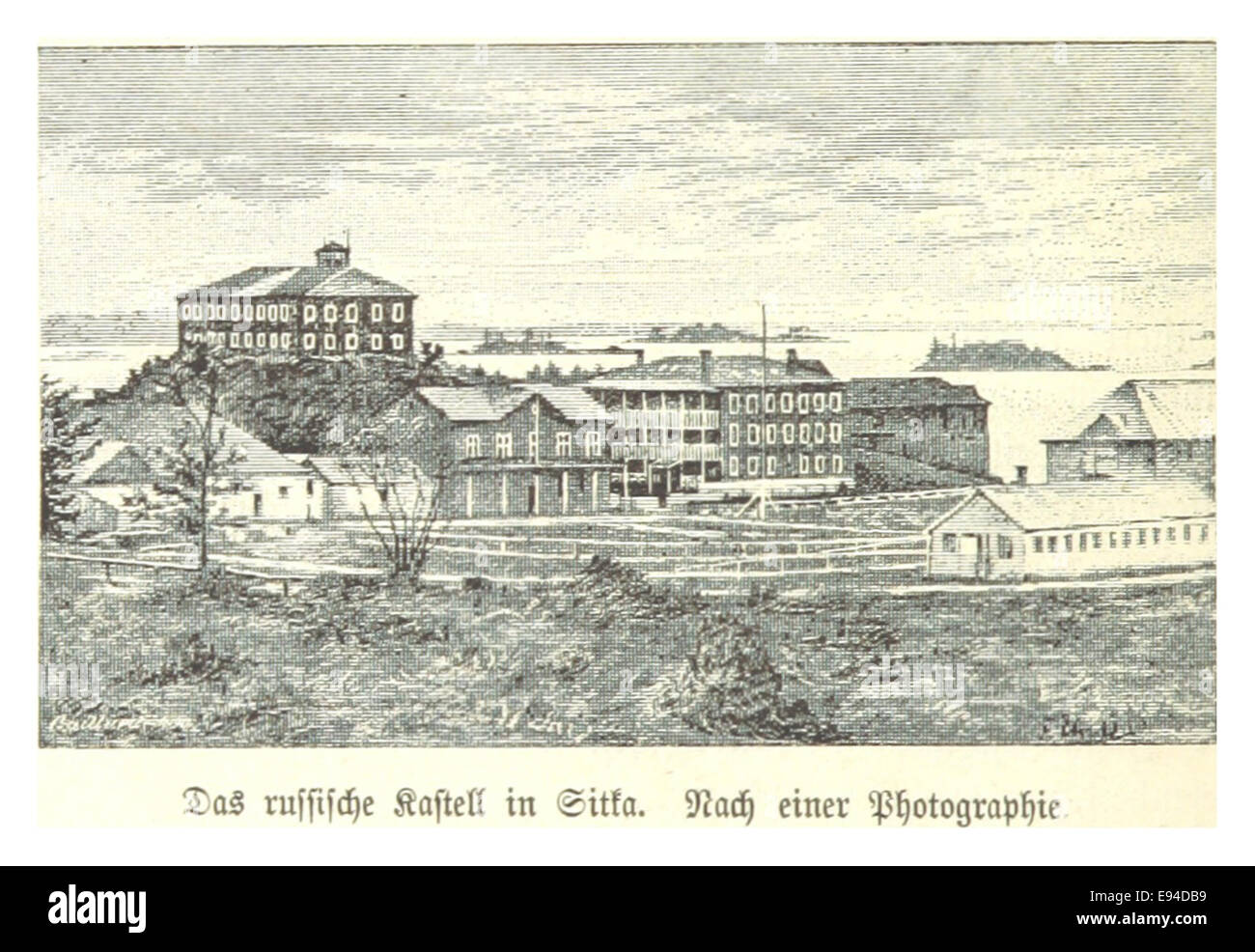An 1885 illustration by Krause depicting the Russian Castle in Sitka ...