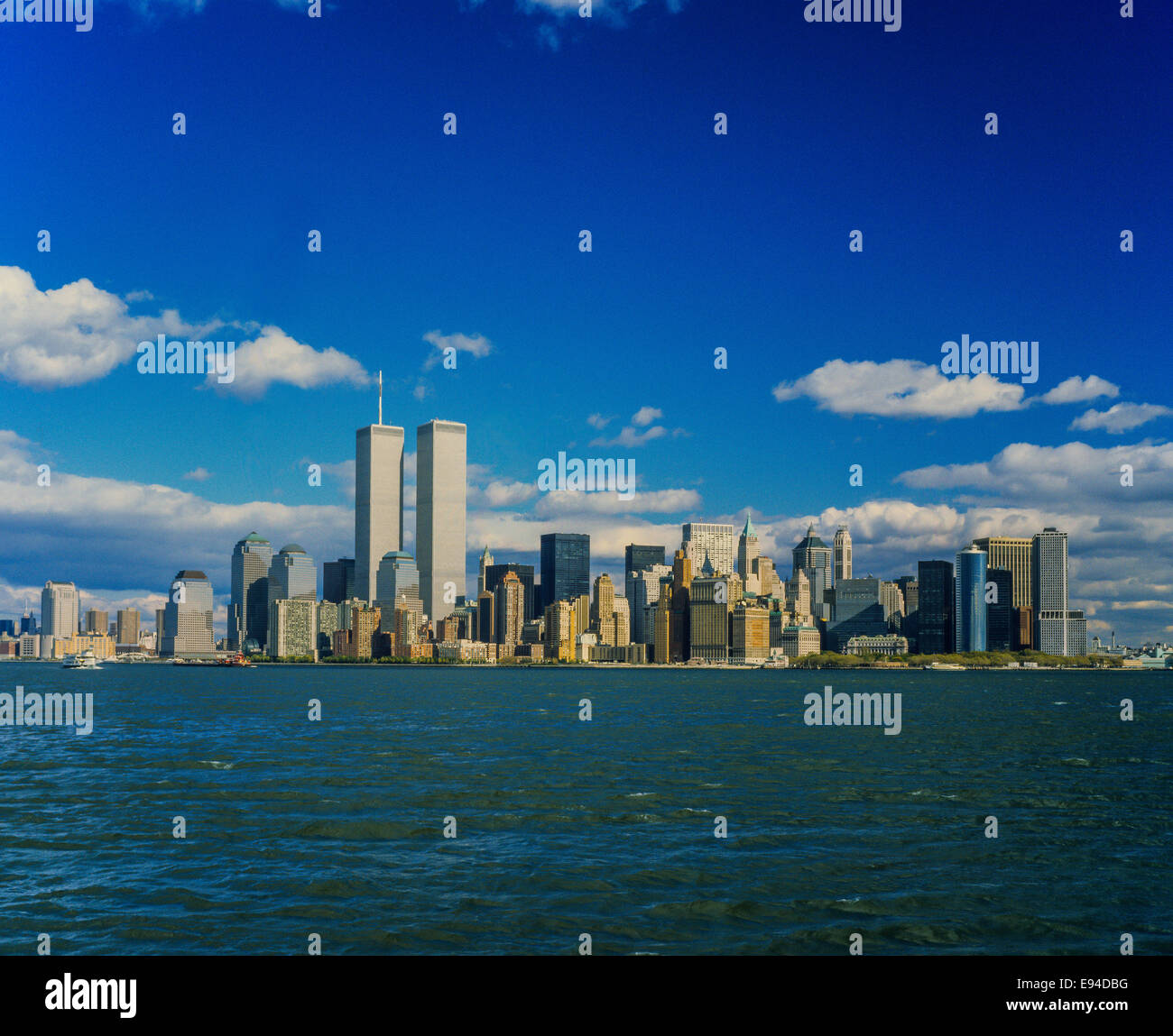 Lower Manhattan with financial district skyline prior to September 11 ...