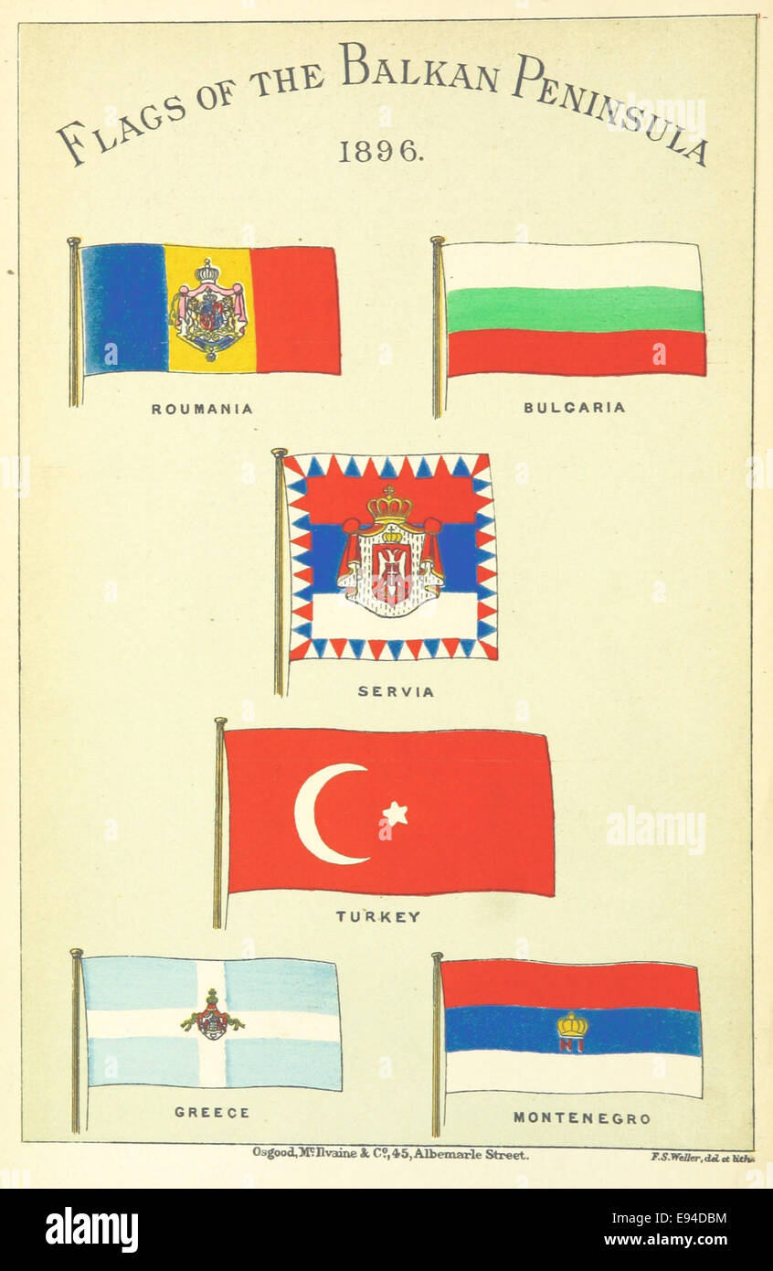 This 1870 illustration showcases the flags of the Balkan Peninsula ...