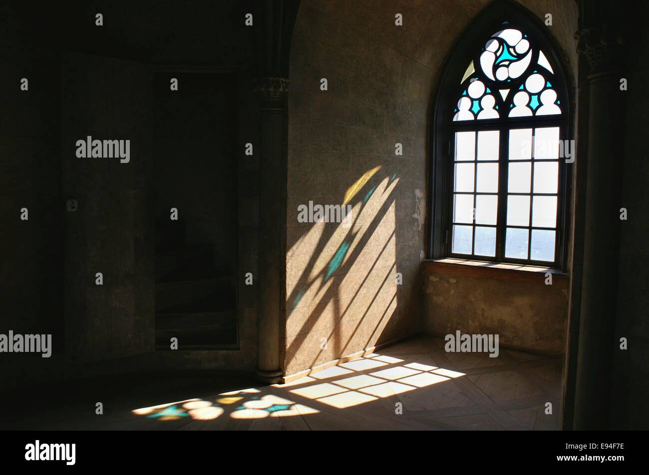 Stained glass window on the ruins of the gothic castle Bezdez - Czech ...