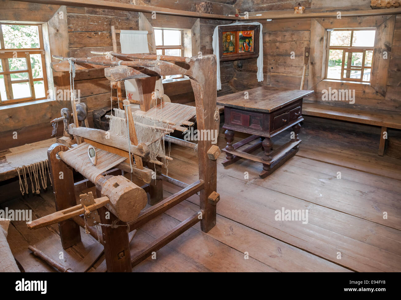 Interior of old rural wooden house in the museum of wooden architecture ...