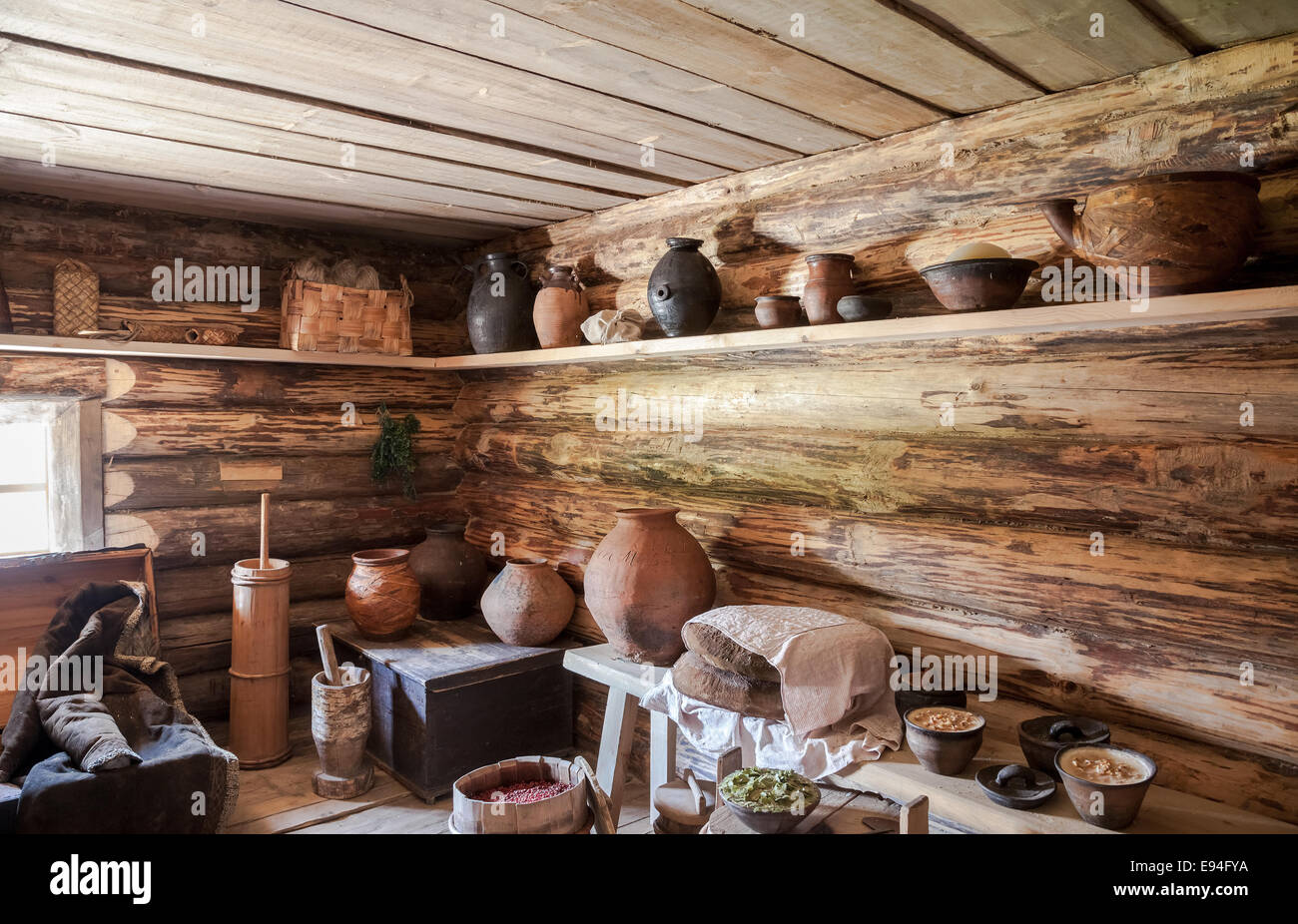 Interior of old rural wooden house in the museum of wooden architecture ...