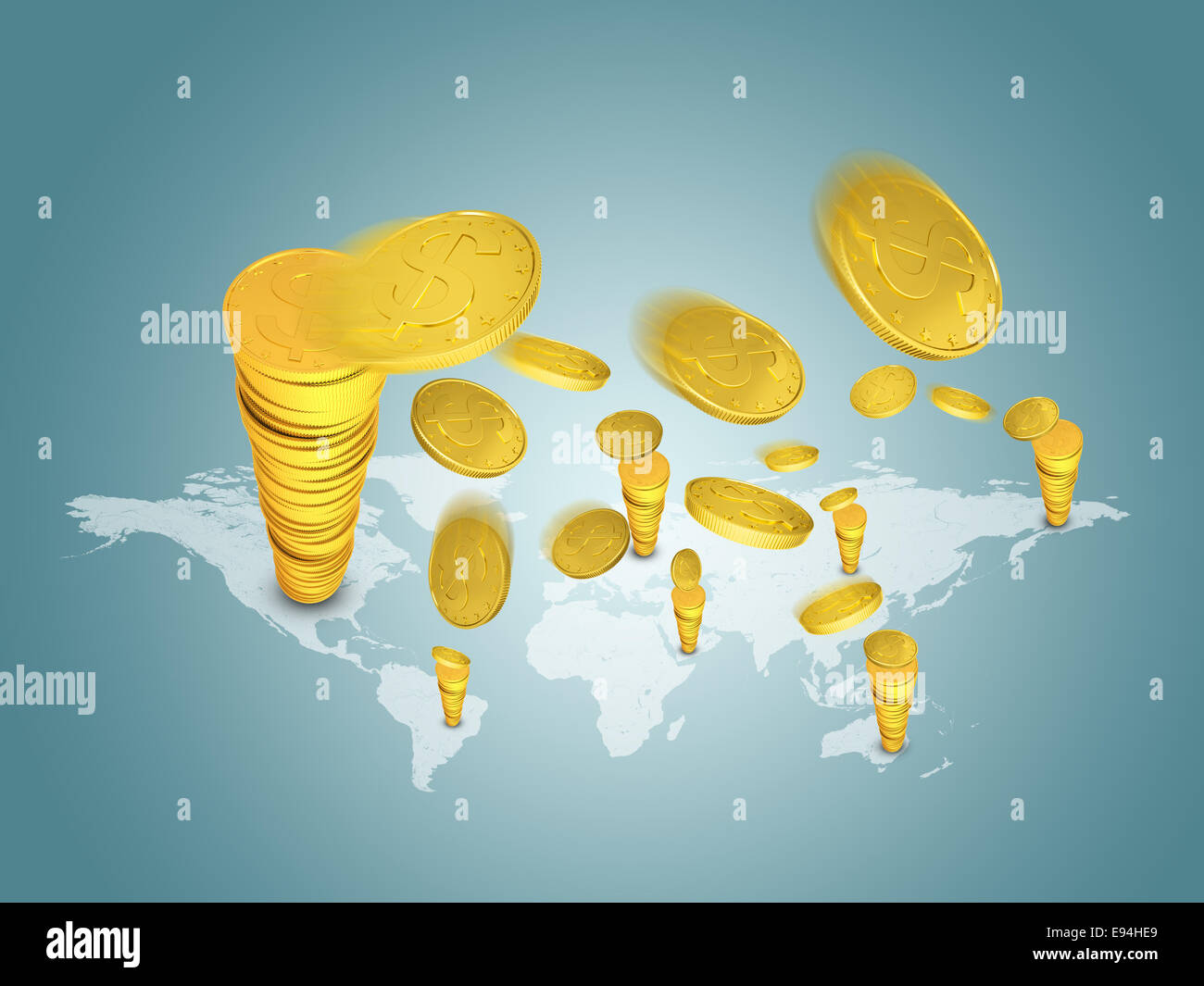 Stacks of gold dollars on world map Stock Photo - Alamy