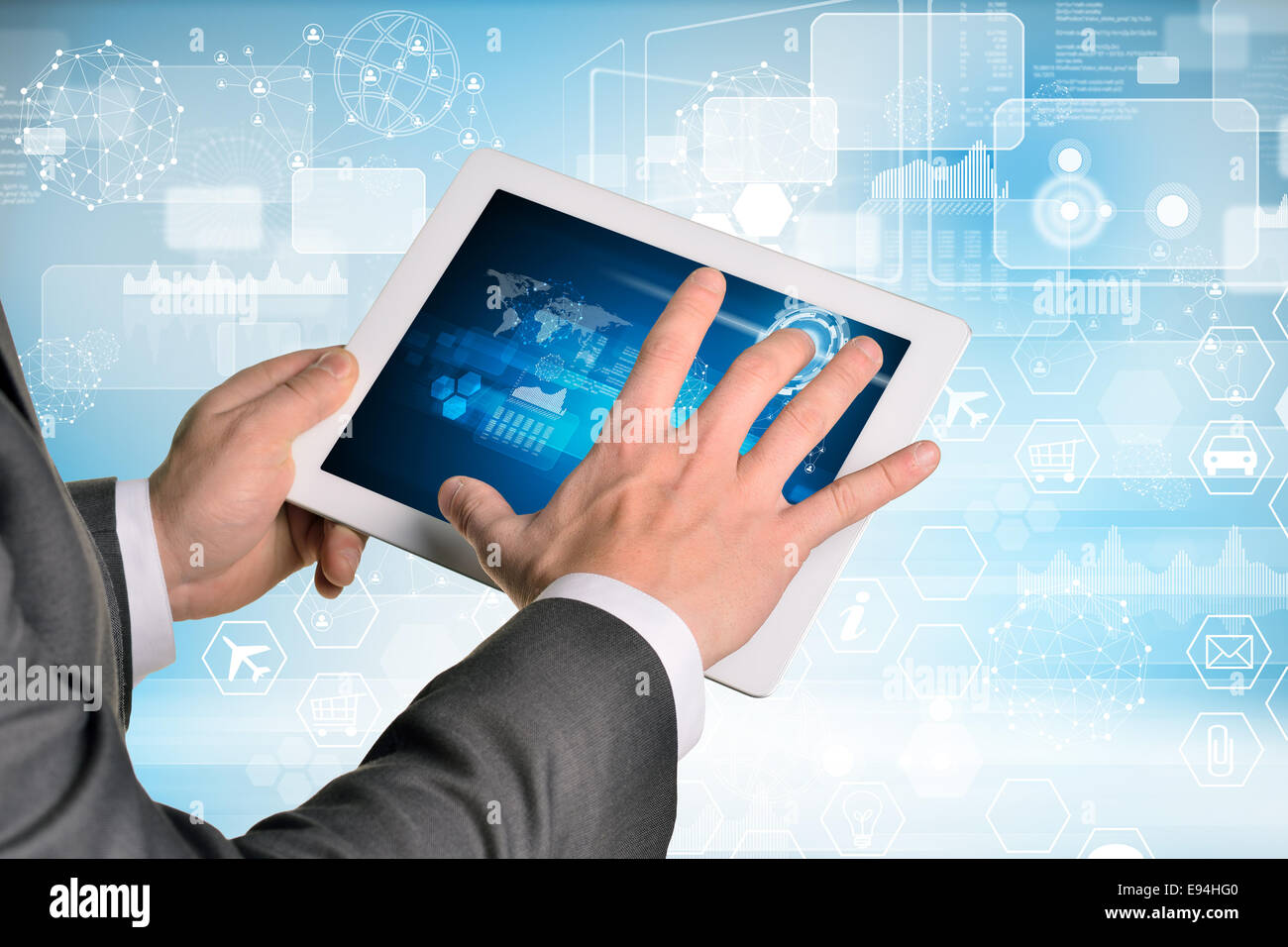 Man hands using tablet pc. Image of business elements on screen Stock ...
