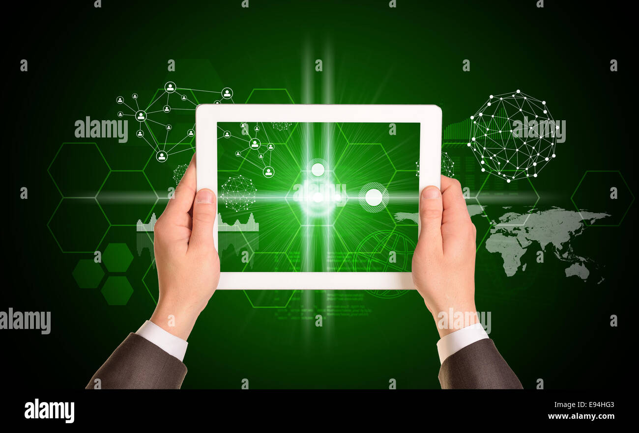 Man hands using tablet pc. Image of business elements on screen Stock ...