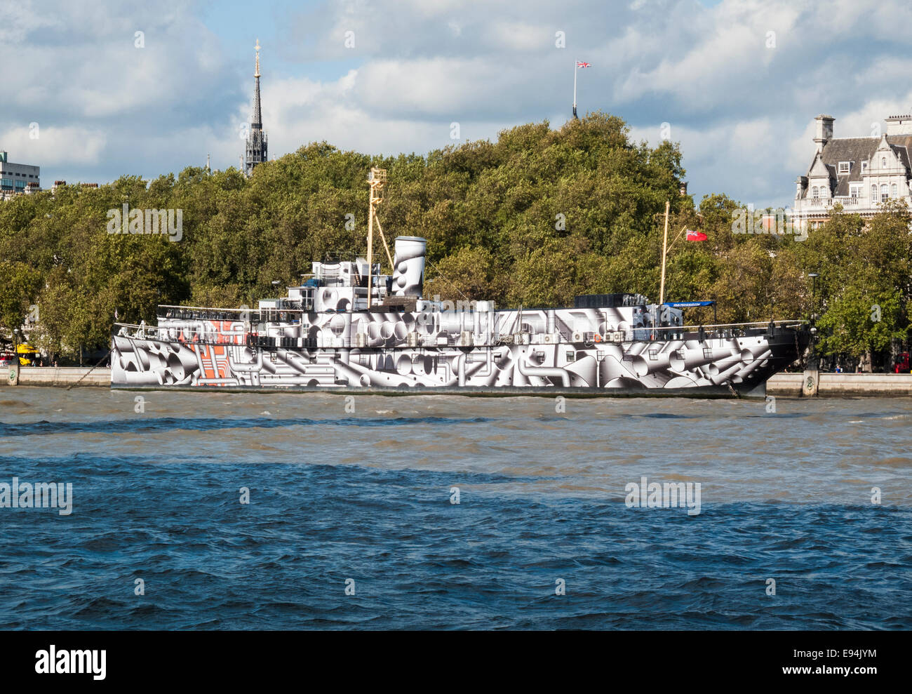 HMS President (HQMS President (1918)), moored on the River Thames ...