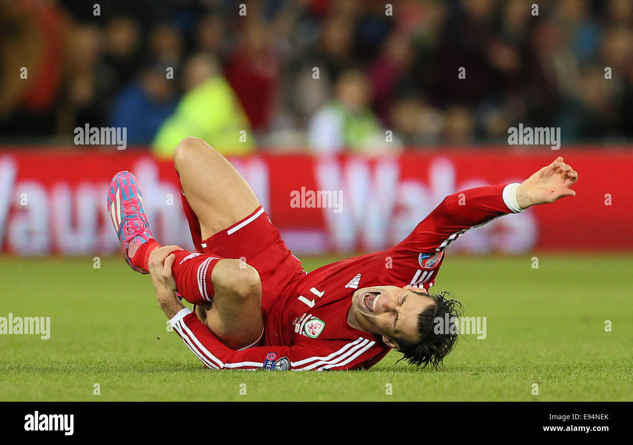 Cardiff, UK. 13th Oct, 2014. Gareth Bale of Wales screams out following ...