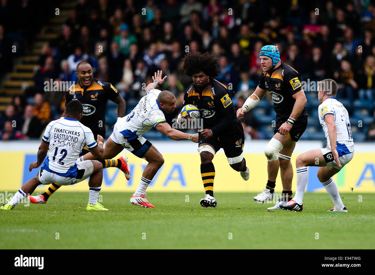 London, UK. 12th Oct, 2014. London Wasps' Ashley Johnson makes the ...