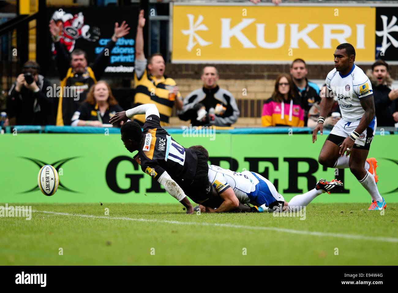 London, UK. 12th Oct, 2014. London Wasps' Christian Wade is awarded a ...