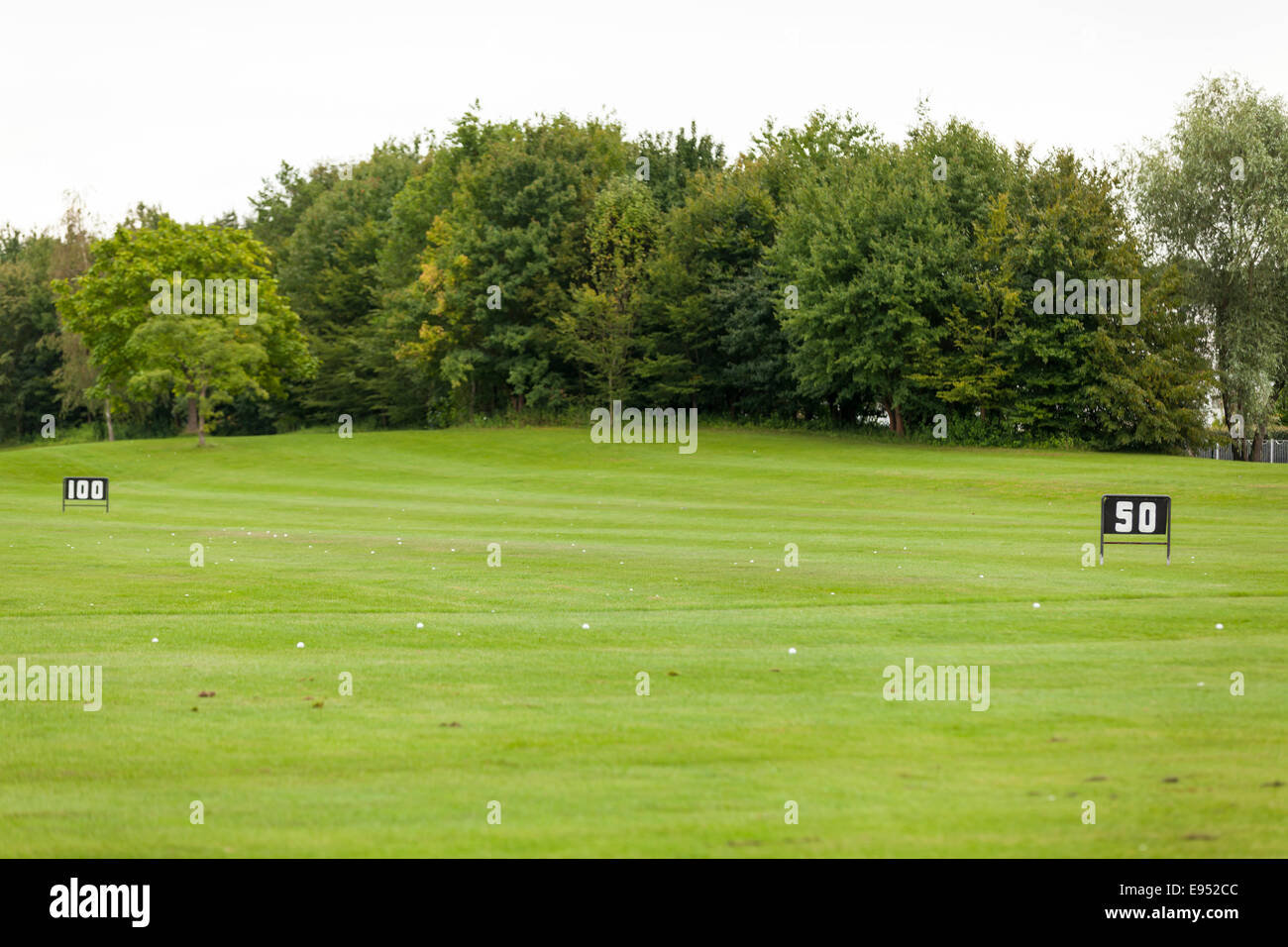 Two Empty Golf Ball Baskets at Driving Range with Hole and Flag in ...