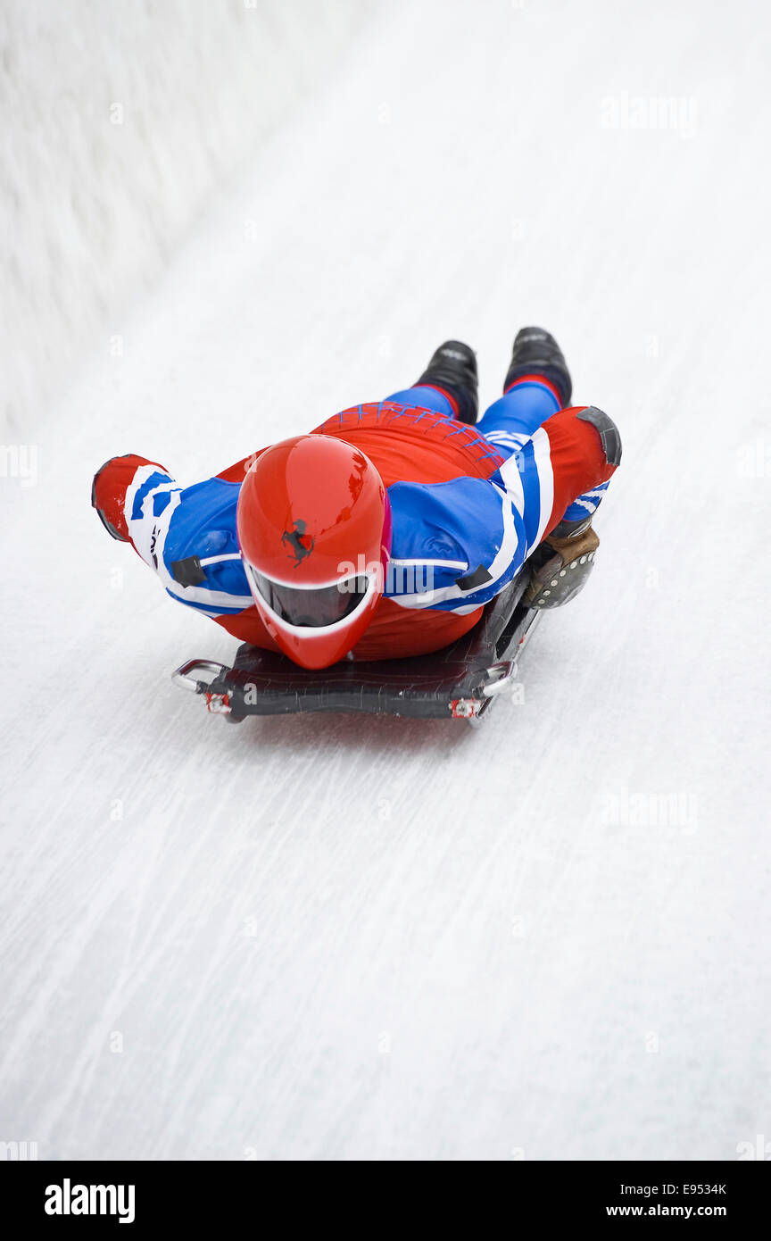 Skeleton rider on the ice track, St Moritz, Engadin, Grisons ...