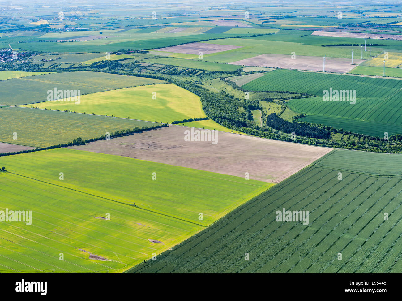 Aerial view, Thuringian Basin, flat landscape with fields, crossed by ...