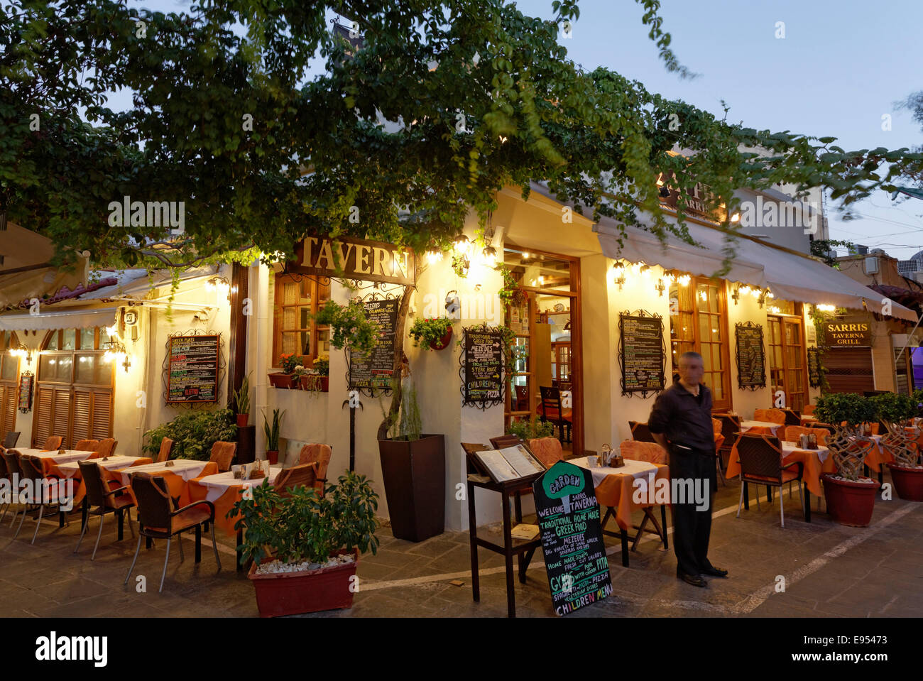 Tavern in the evening, old town, Rhodes, Rhodes, Dodecanese, Greece ...