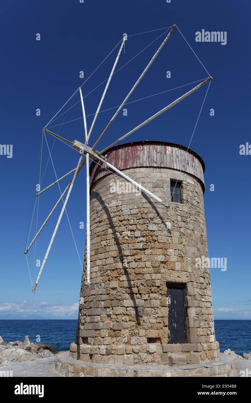 Historic windmill in Mandráki Harbour, Rhodes, Rhodes island ...