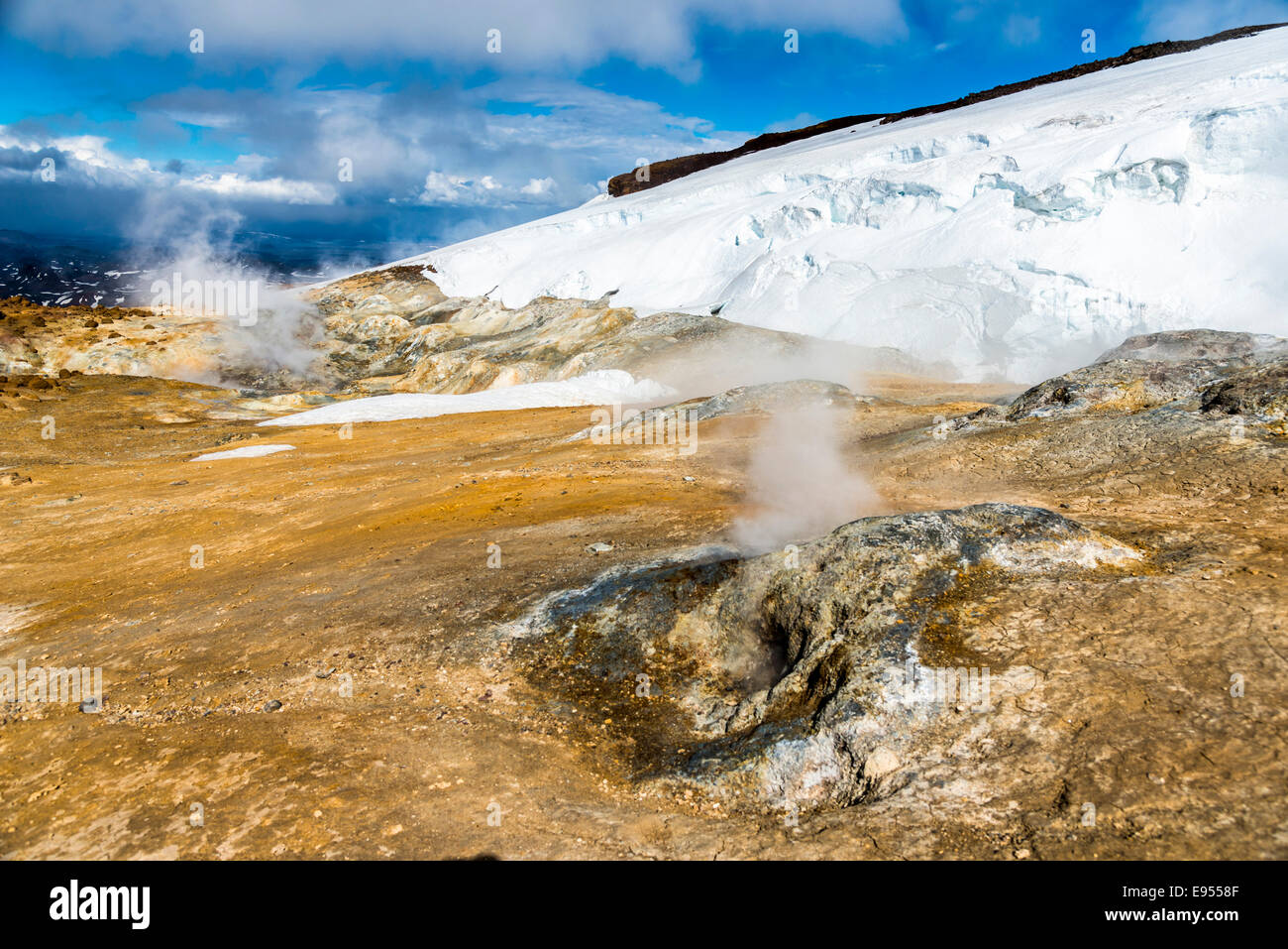 Steaming solfataras, fumaroles, sulfur and other minerals, high ...
