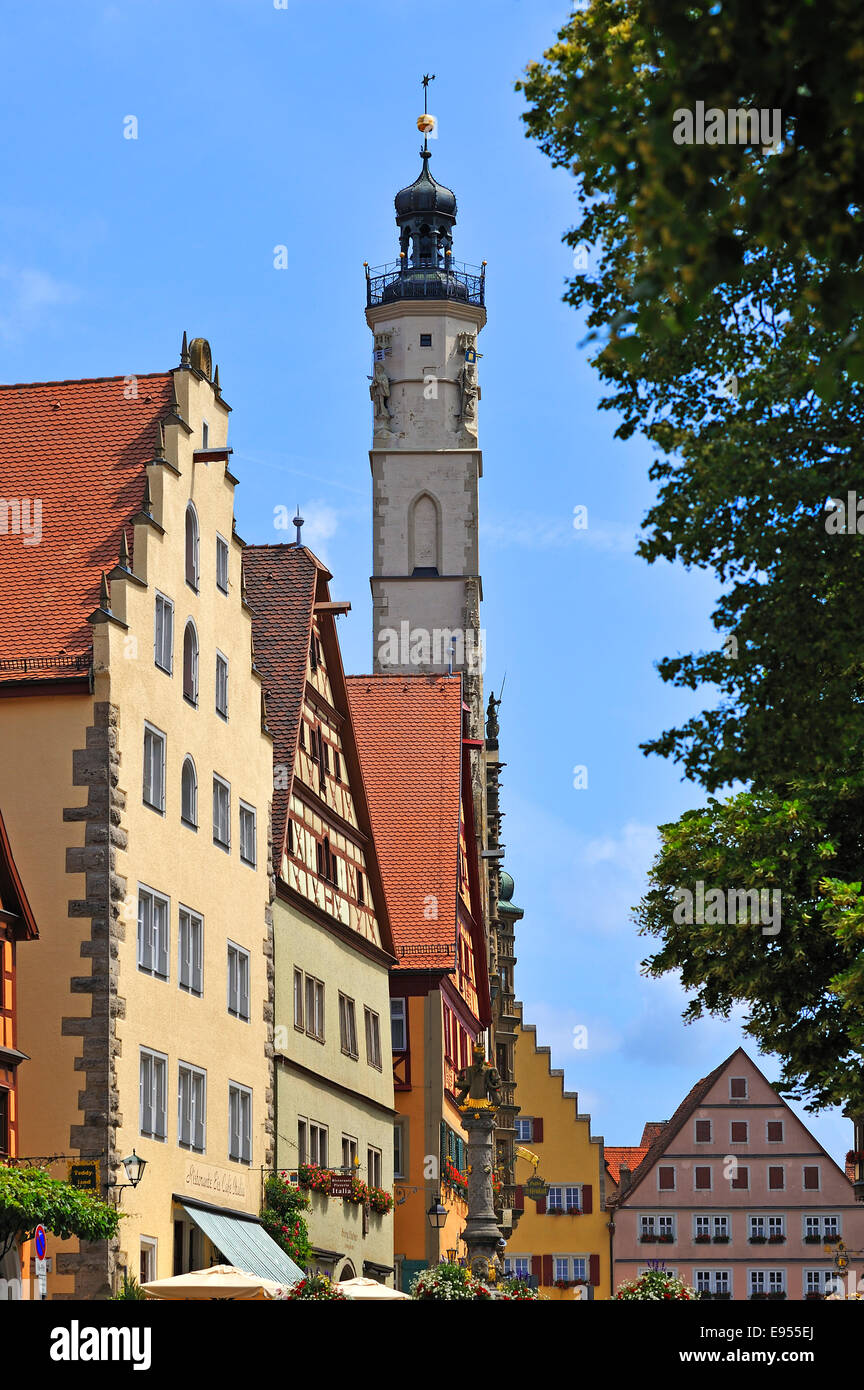 Medieval houses and Gothic Town Hall Tower, 1250 - 1400, Rothenburg ob ...