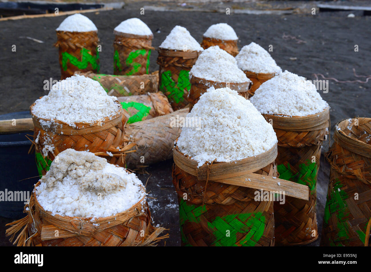Harvested sea salt, packed to dry, known as Fleur de Sel, North Bali ...