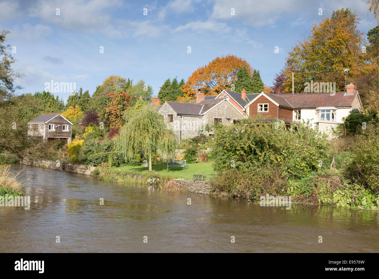 Waterside properties alongside the River Teme and Clun at Leintwardine ...