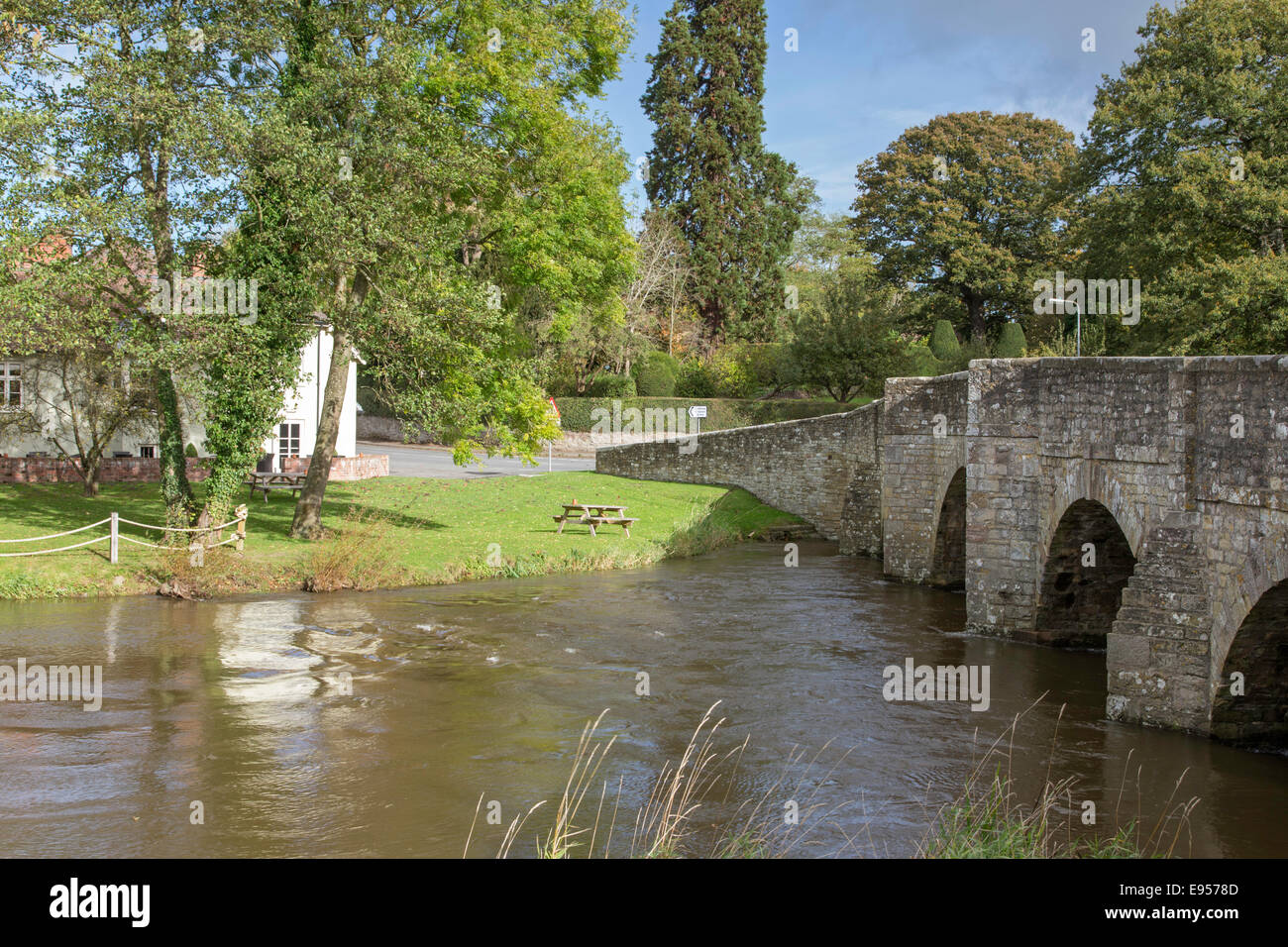 River Teme at Leintwardine flowing under the five arched 18th century ...