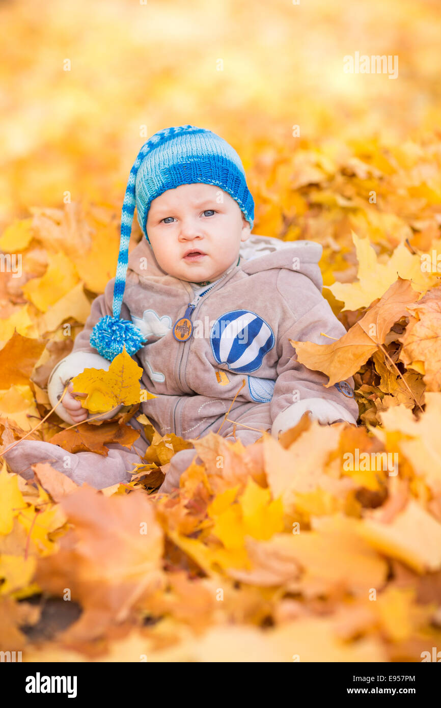 Cute baby in autumn leaves. First autumn Stock Photo - Alamy
