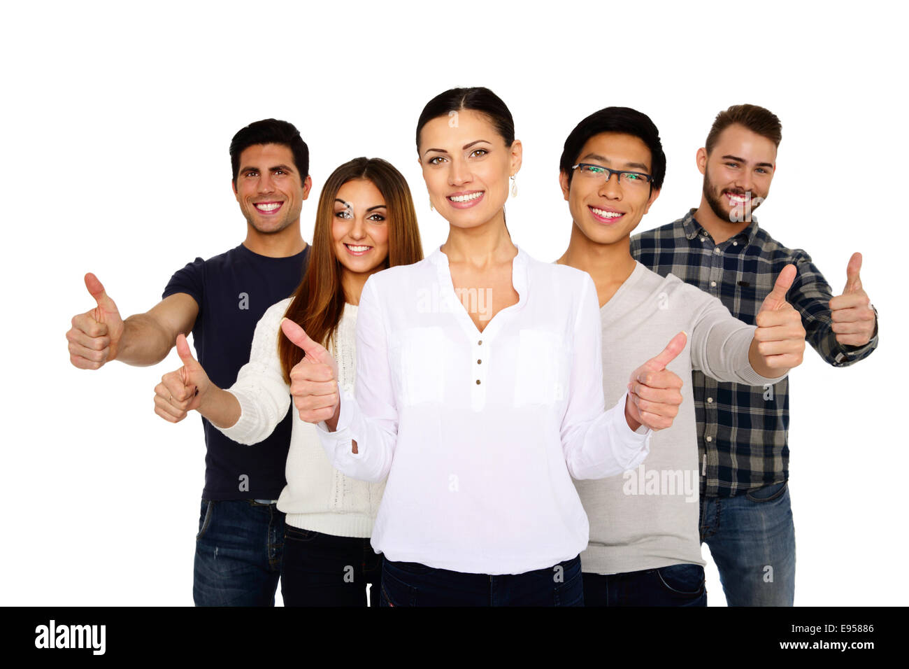 Portrait of a smiling group of people with thumbs up Stock Photo - Alamy