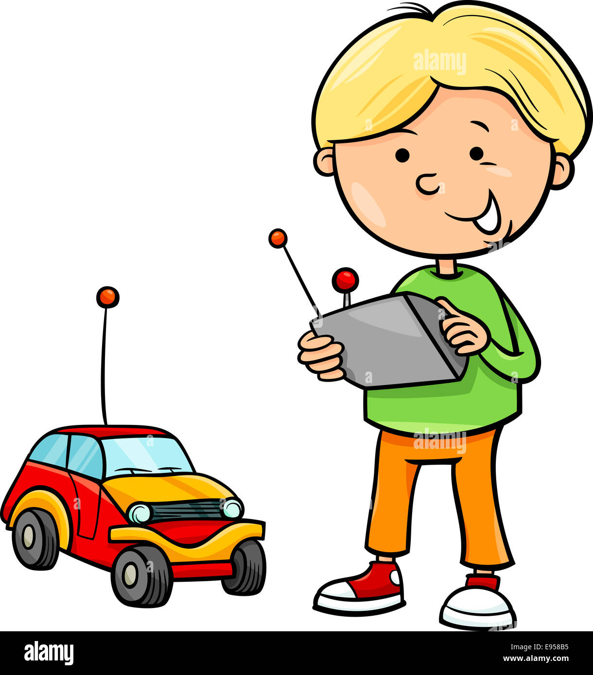 Cartoon Illustration of Cute Boy with Remote Toy Car Stock Photo - Alamy
