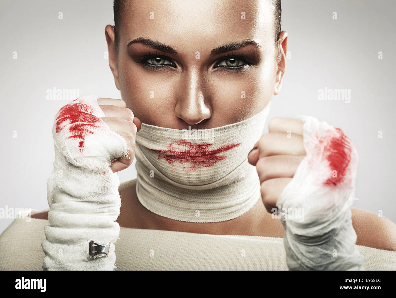 boxing woman in bandage with blood Stock Photo - Alamy