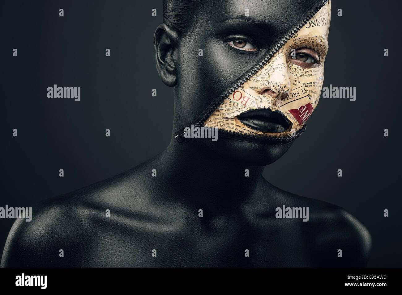 woman with newspaper and zip make-up Stock Photo - Alamy