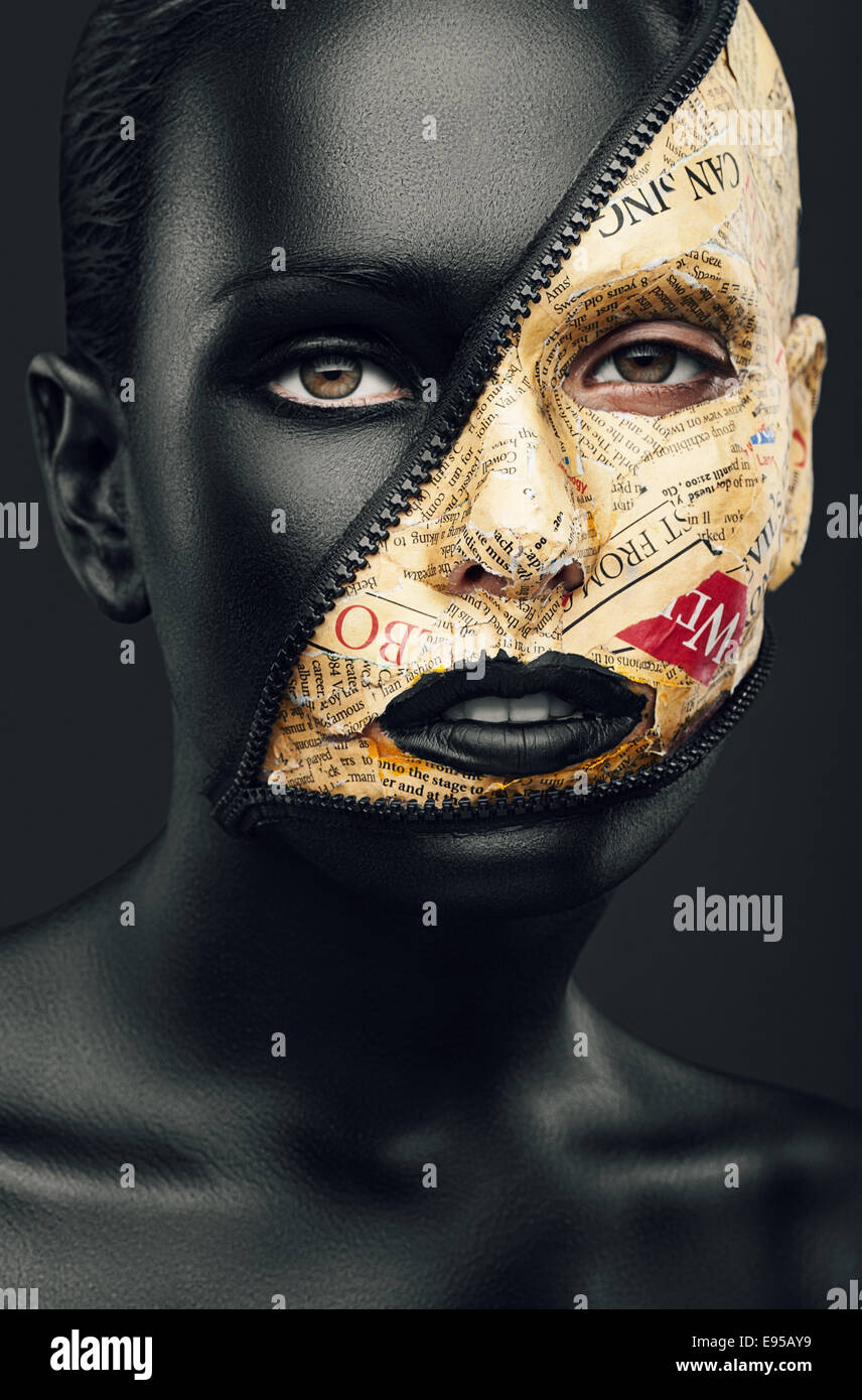 woman with zip and newspaper make-up Stock Photo - Alamy