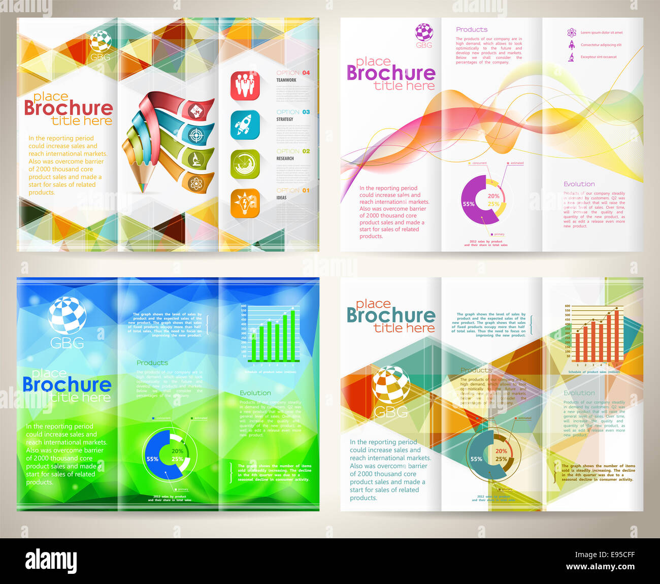 Collect Business Brochures Design with Triangle Pattern, Pencil, Icons ...