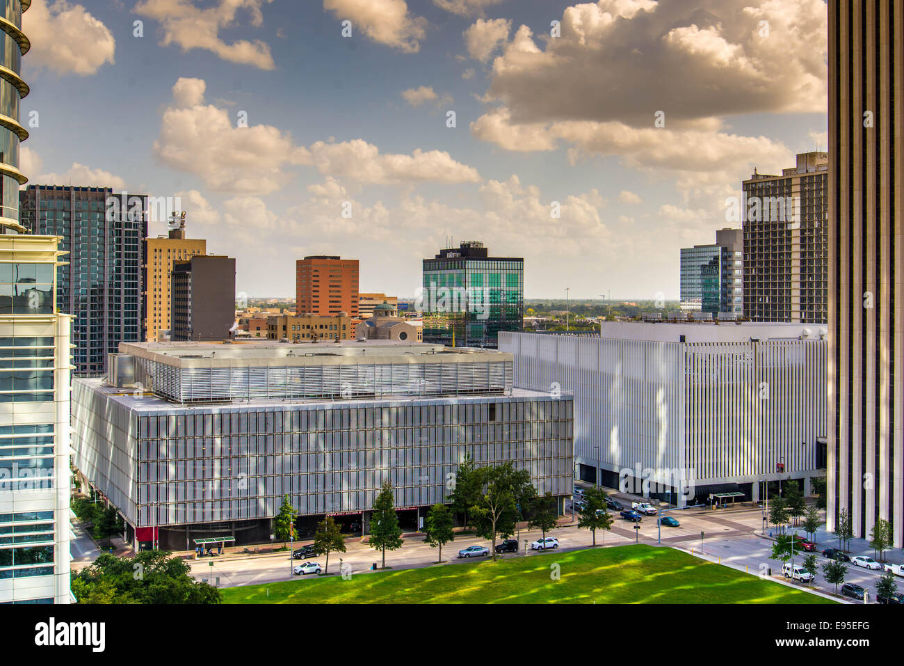 Downtown Houston highrise buildings with a blue sky Stock Photo - Alamy