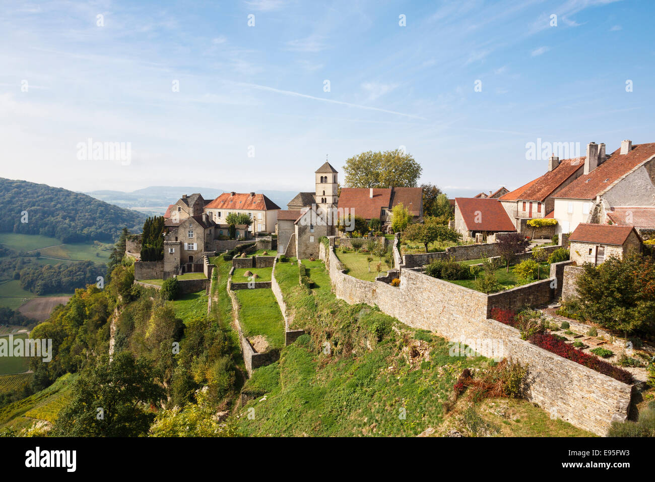Picturesque French village in wine growing area in rural landscape ...