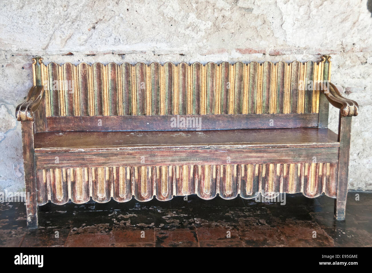Wooden bench seat, Hotel Casa Santo Domingo, Antigua, Guatemala Stock ...