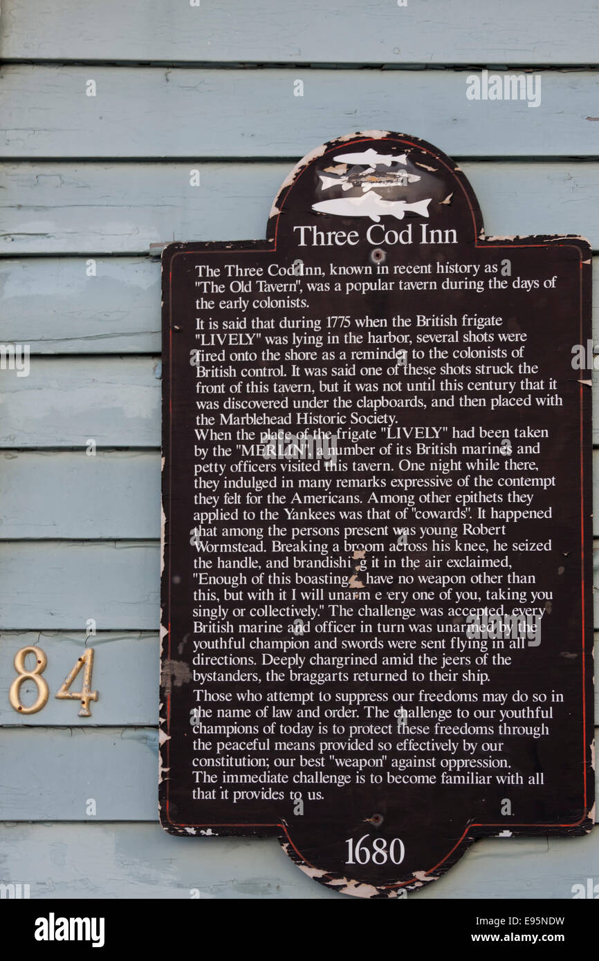 Three Cod Inn historical information sign at Marblehead Massachusetts ...