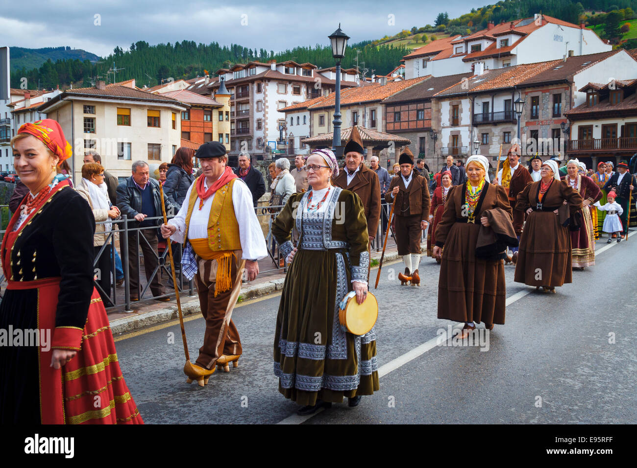 People in regional costume. Orujo fair. Potes village, Comarca of ...