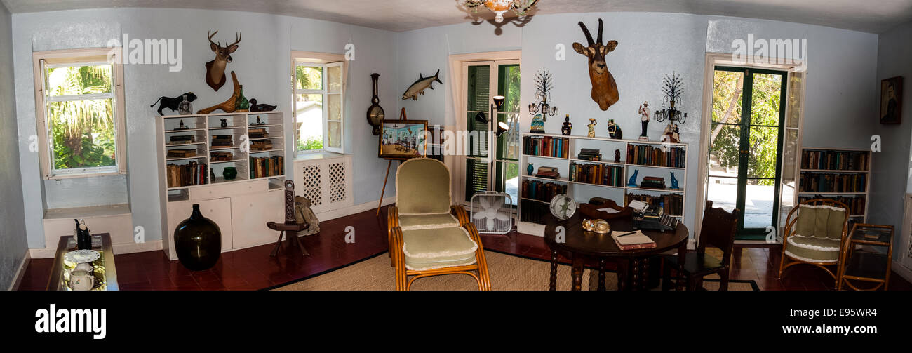 US, Florida, Key West. Interior, Ernest Hemingway Home. The Library ...