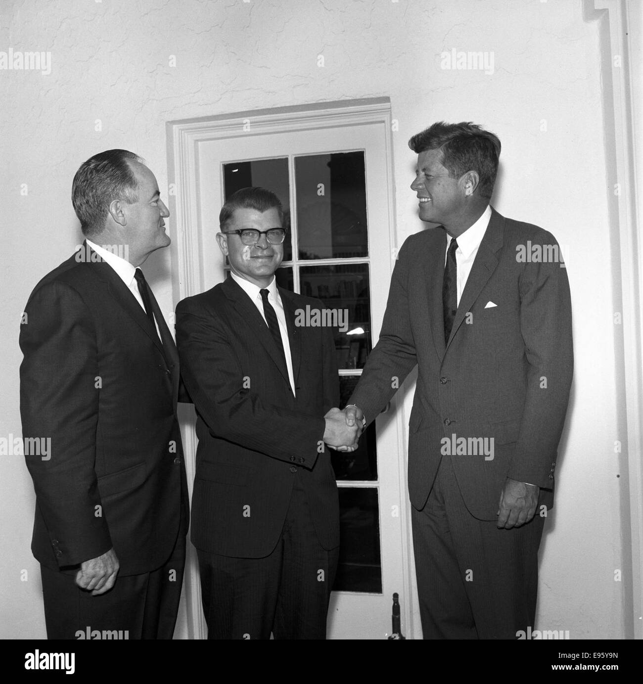 This image shows President John F. Kennedy with Senator Hubert Humphrey ...