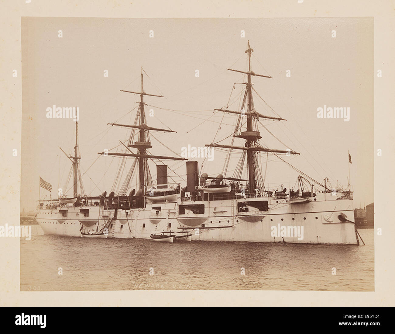 A photograph of the U.S. Navy cruiser 'Newark,' showcasing the ship’s ...