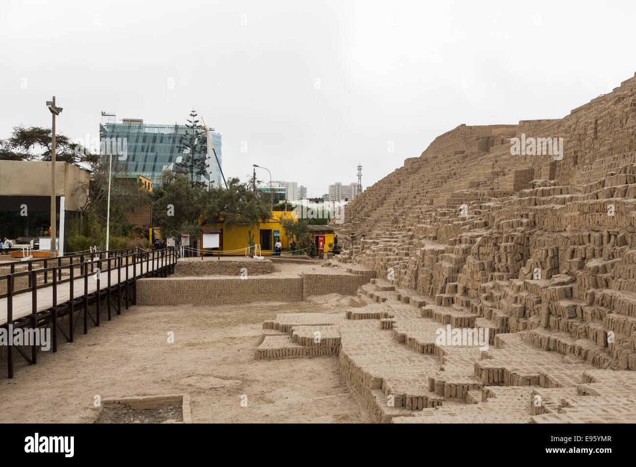 Pyramid at Huaca Pucllana or Huaca Juliana, with modern Miraflores in ...