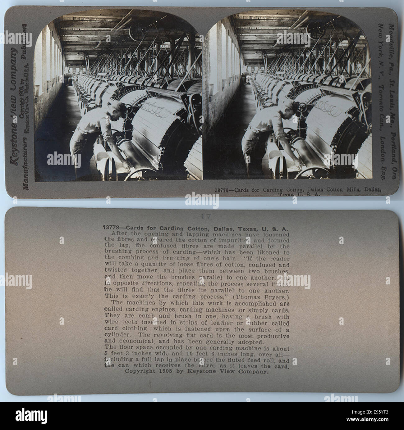 This stereoview photograph depicts the process of carding cotton at the ...