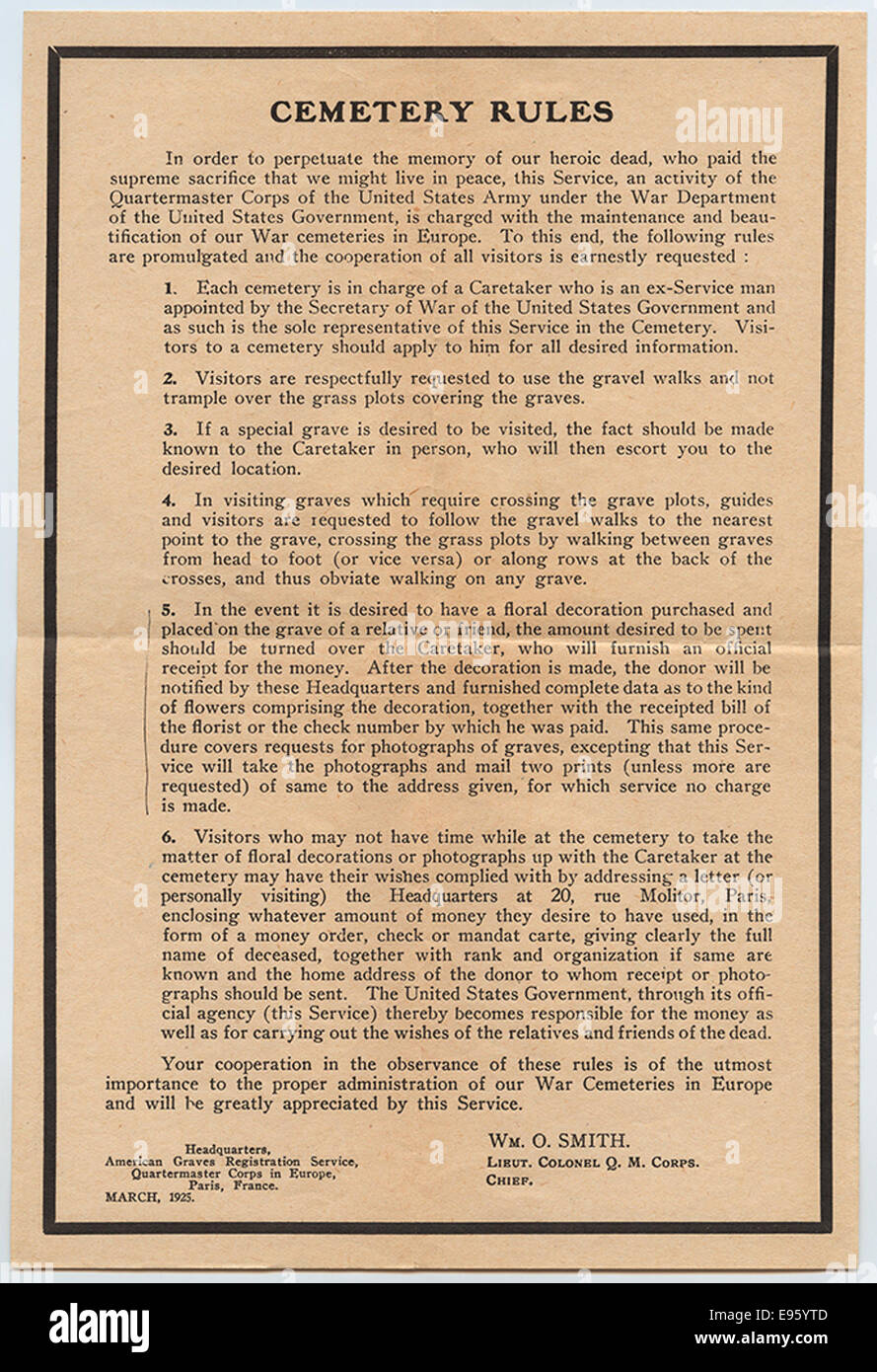 This image shows the cemetery rules for the Meuse-Argonne American ...