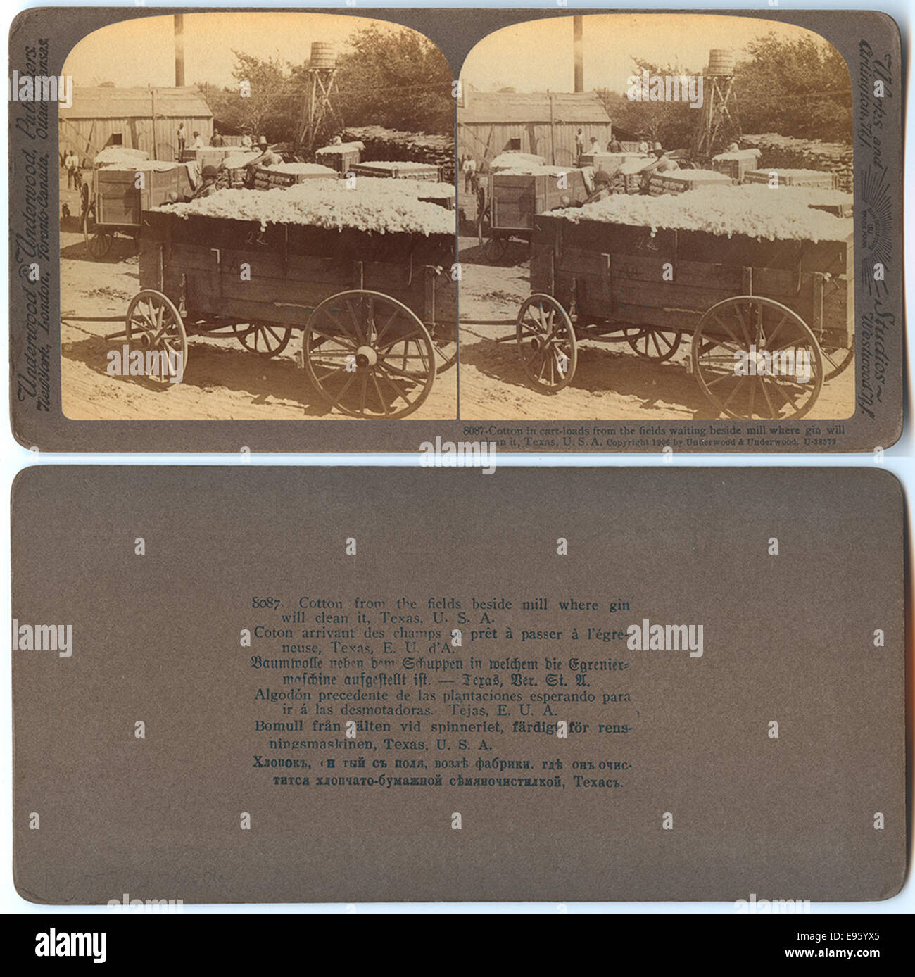 This stereoview photograph shows cotton in cart-loads waiting by a mill ...