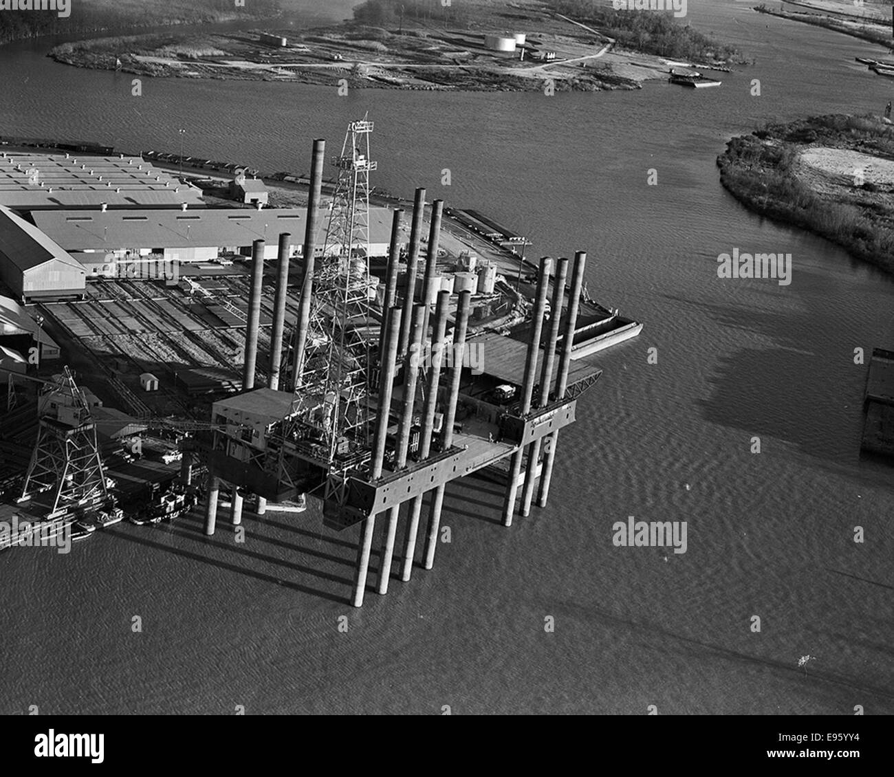 An aerial view of a DeLong barge off the coast at Con Weston Dock in ...