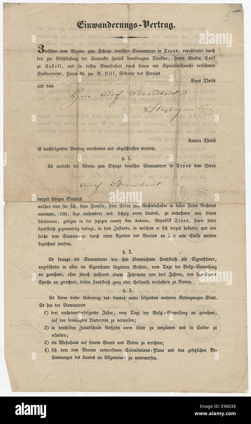 A historical document, the 'Einwanderungs-Vertrag', related to the ...
