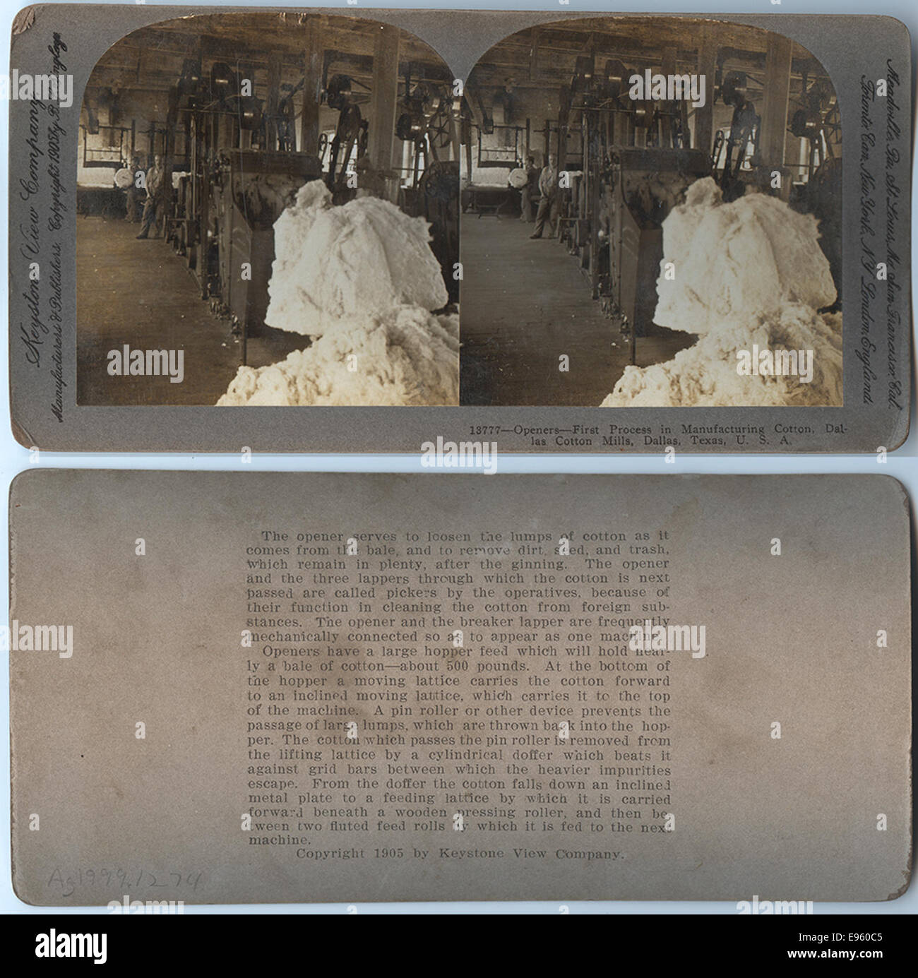 This stereoview shows the first process in the manufacturing of cotton ...