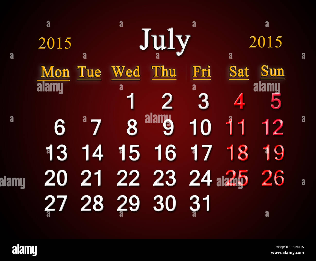 beautiful claret calendar on July of 2015 year Stock Photo - Alamy