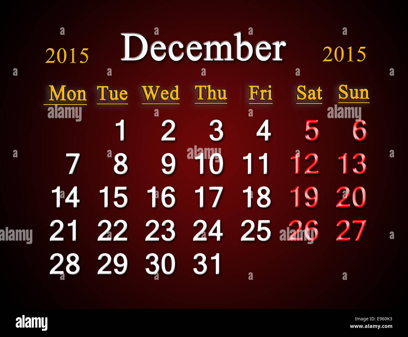 beautiful claret calendar on December of 2015 year Stock Photo - Alamy