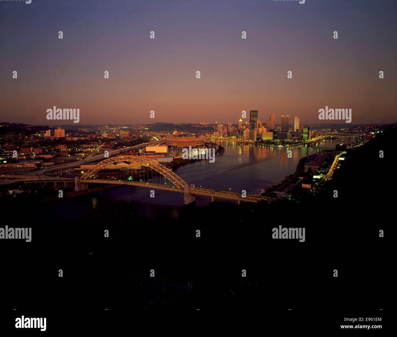 Dusk view of Pittsburgh skyline and confluence of three rivers from ...