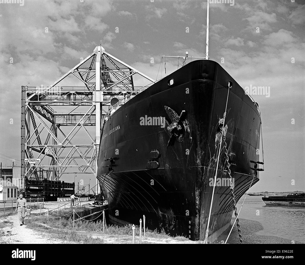 This photograph shows the bow of the SS Seatrain Louisiana, a cargo ...