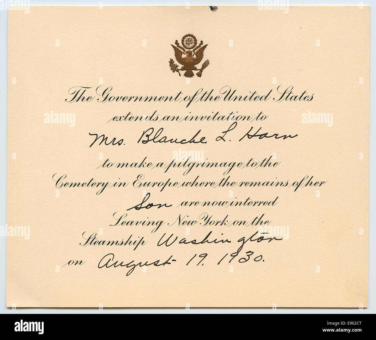 Invitation from the U.S. Government to Mrs. Blanche L. Horn, wife of ...